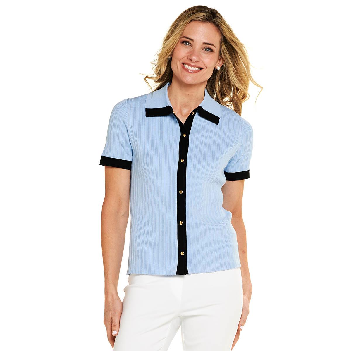 Click here for Womens Rio & Rian Short Sleeve Tipped Button Front... prices