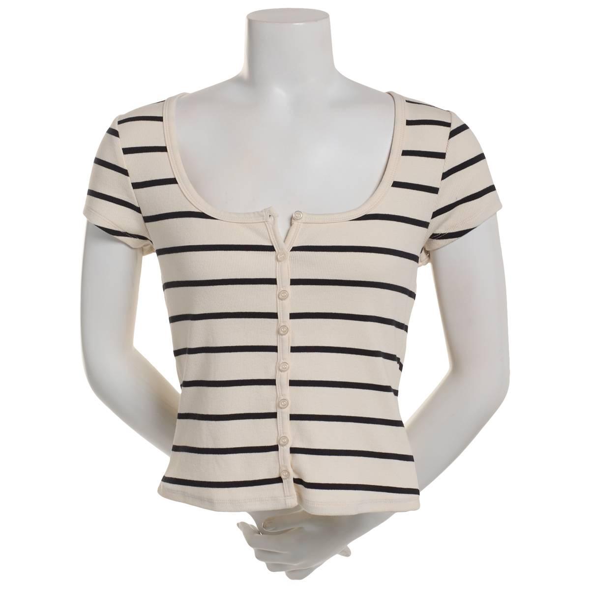 Click here for Juniors Madden Girl Button Front Stripe Baby Tee prices