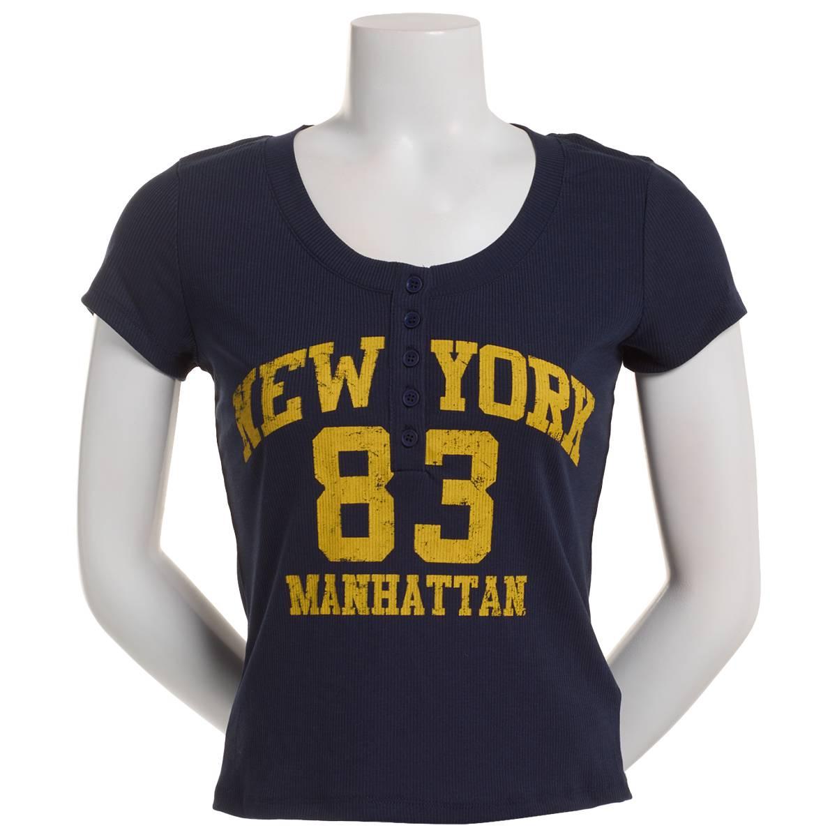 Click here for Juniors Madden Girl Short Sleeve Rib New York Henl... prices