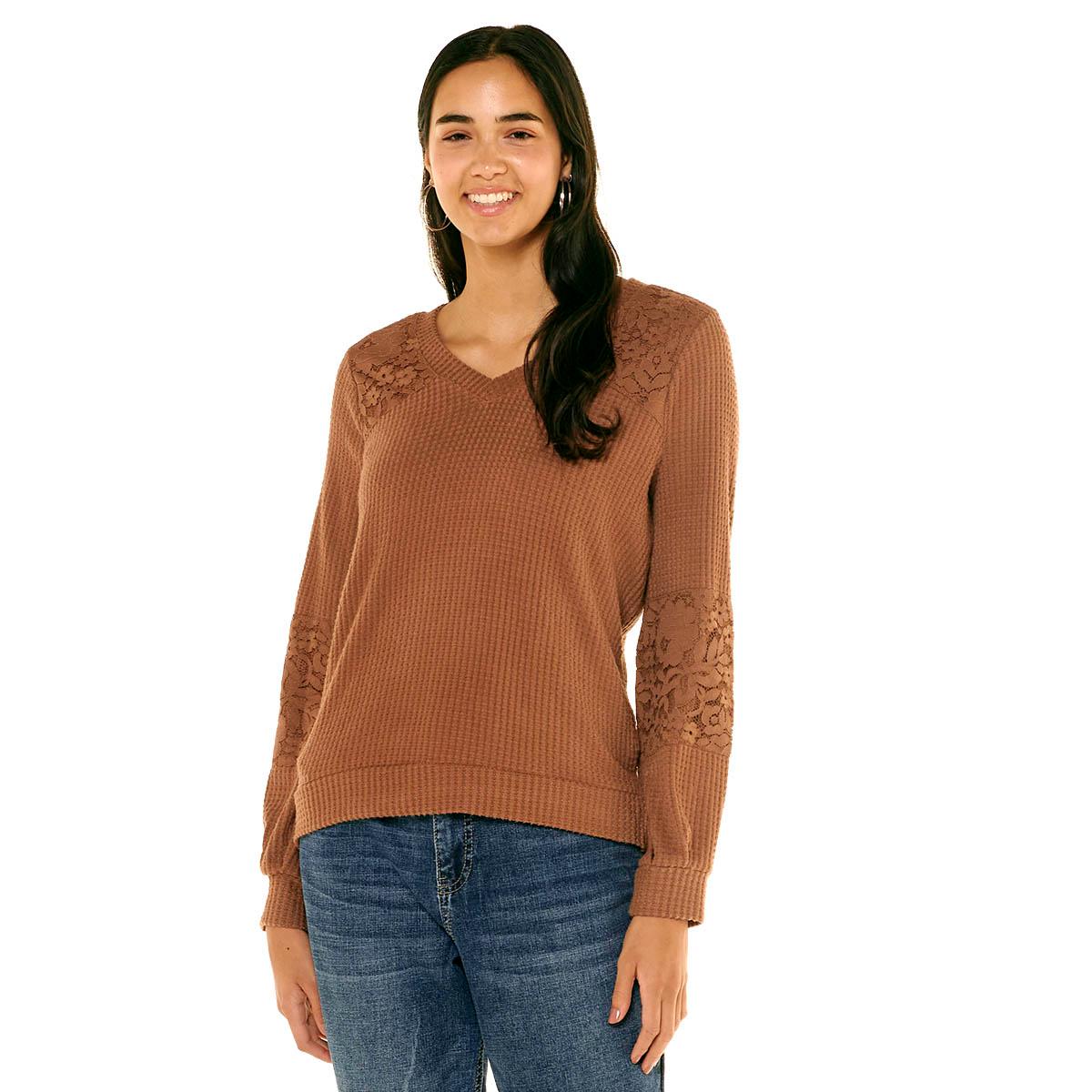 Click here for Womens Absolutely Famous V Neck Lace Brushed Waffl... prices