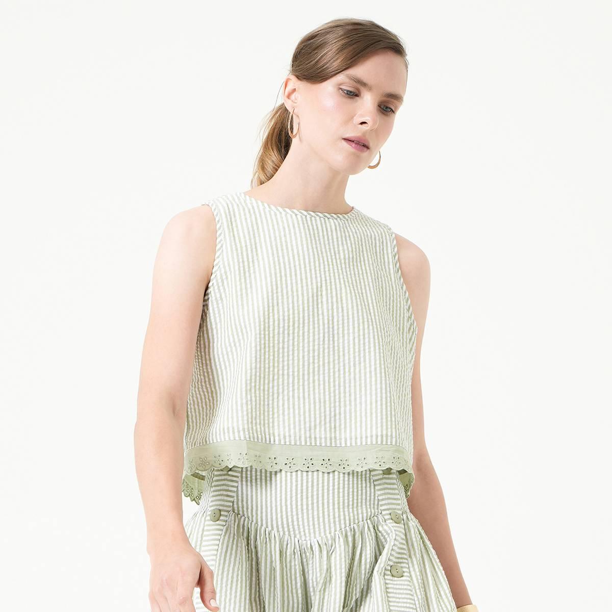 Click here for Womens MNK Seersucker Stripe Embroidered Hem Blous... prices