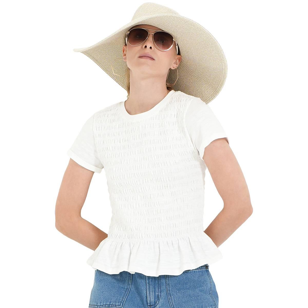 Click here for Womens MNK Short Sleeve Ruffle Hem Smocked Blouse prices