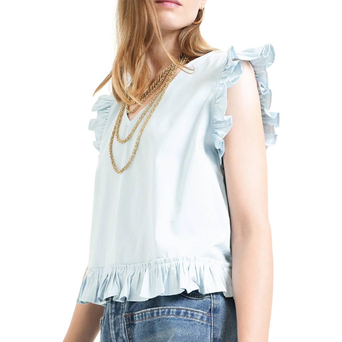 Click here for Womens MNK Ruffle Sleeve V Neck Denim Blouse prices