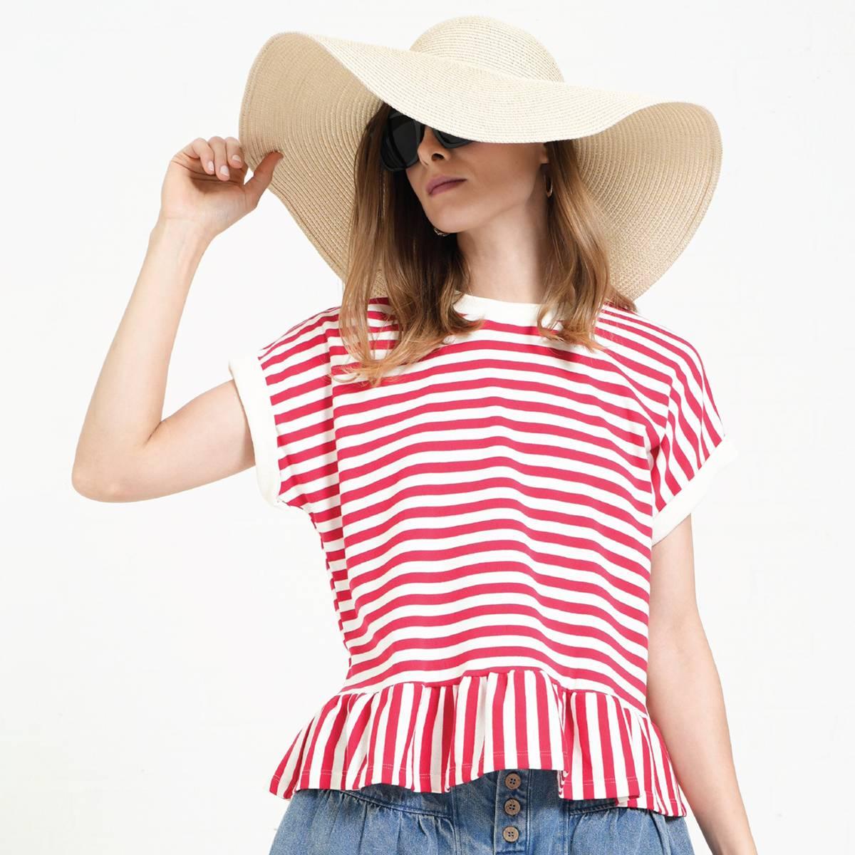 Click here for Womens MNK Short Roll Sleeve Stripe Ruffle Hem Blo... prices