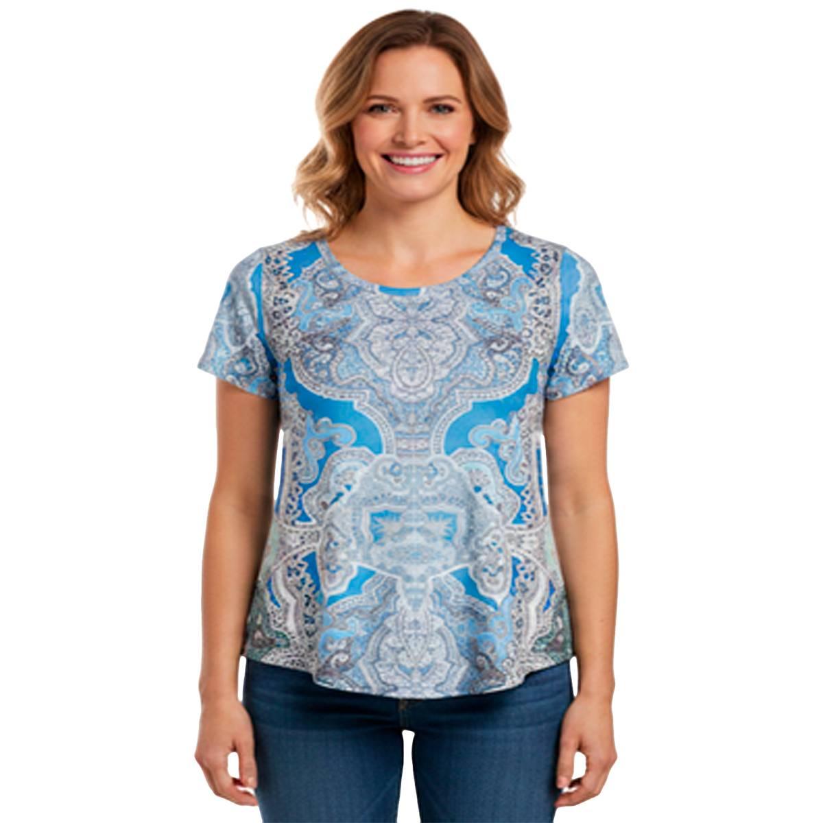 Click here for Womens OneWorld Short Sleeve Sublimation Studded D... prices