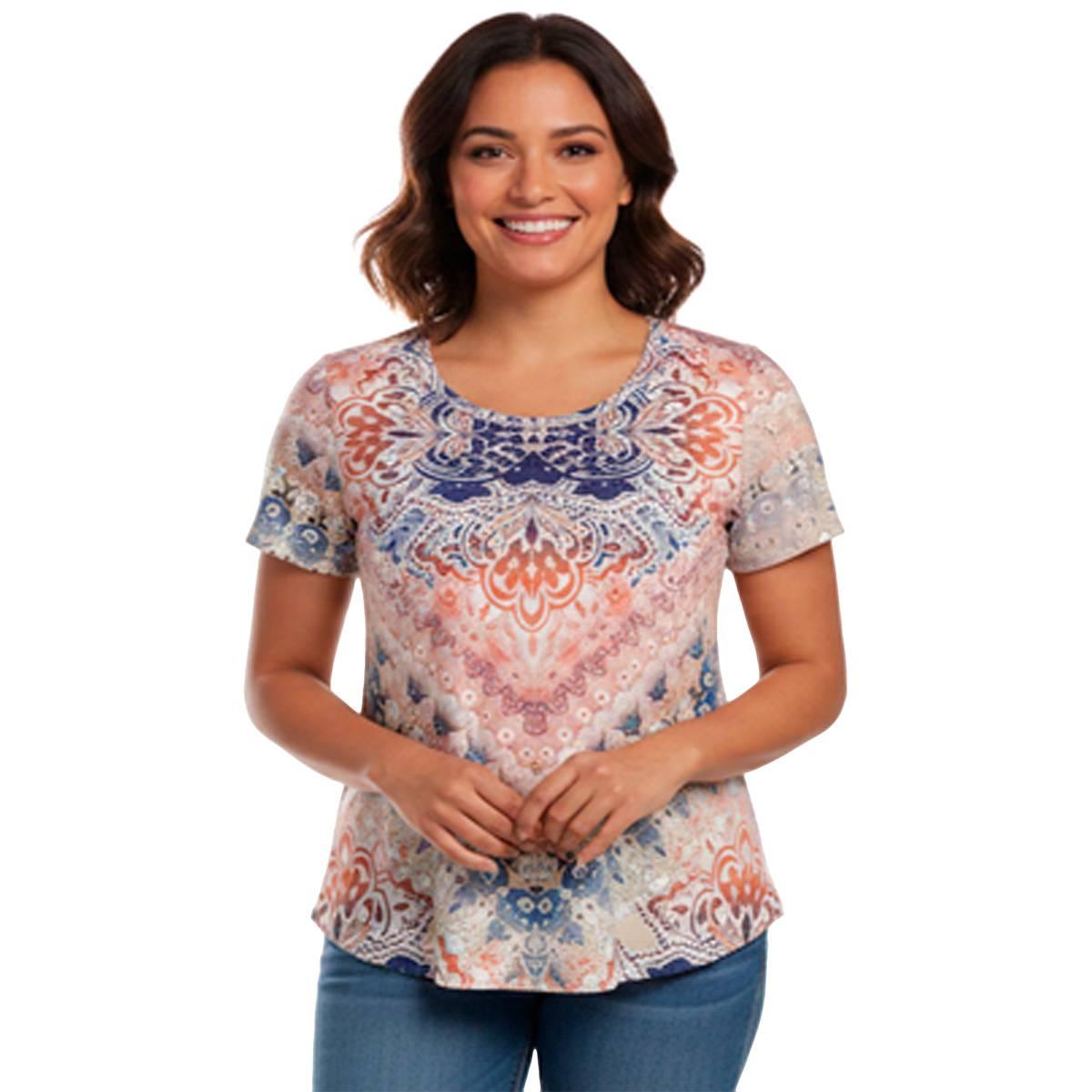 Click here for Womens OneWorld Short Sleeve Sublimation Damask Te... prices