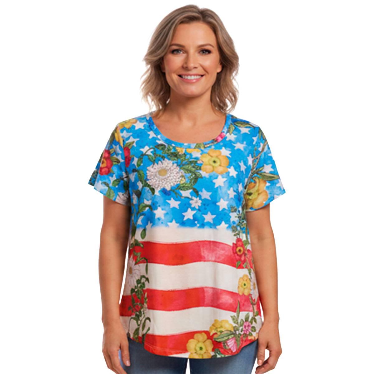 Click here for Womens OneWorld Short Sleeve Floral Flag Sublimati... prices