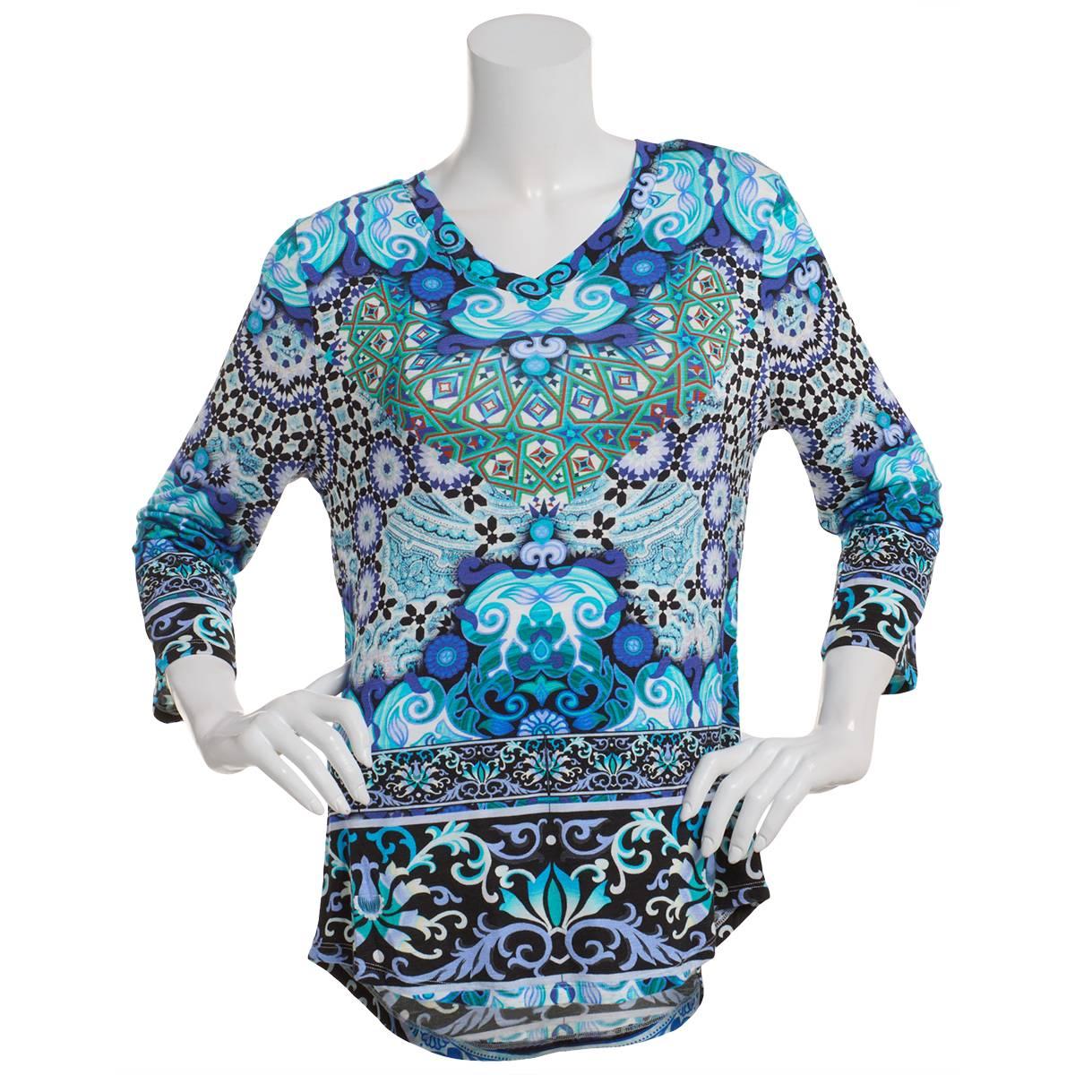 Click here for Womens OneWorld 3/4 Sleeve V-Neck Merging Tiles Su... prices