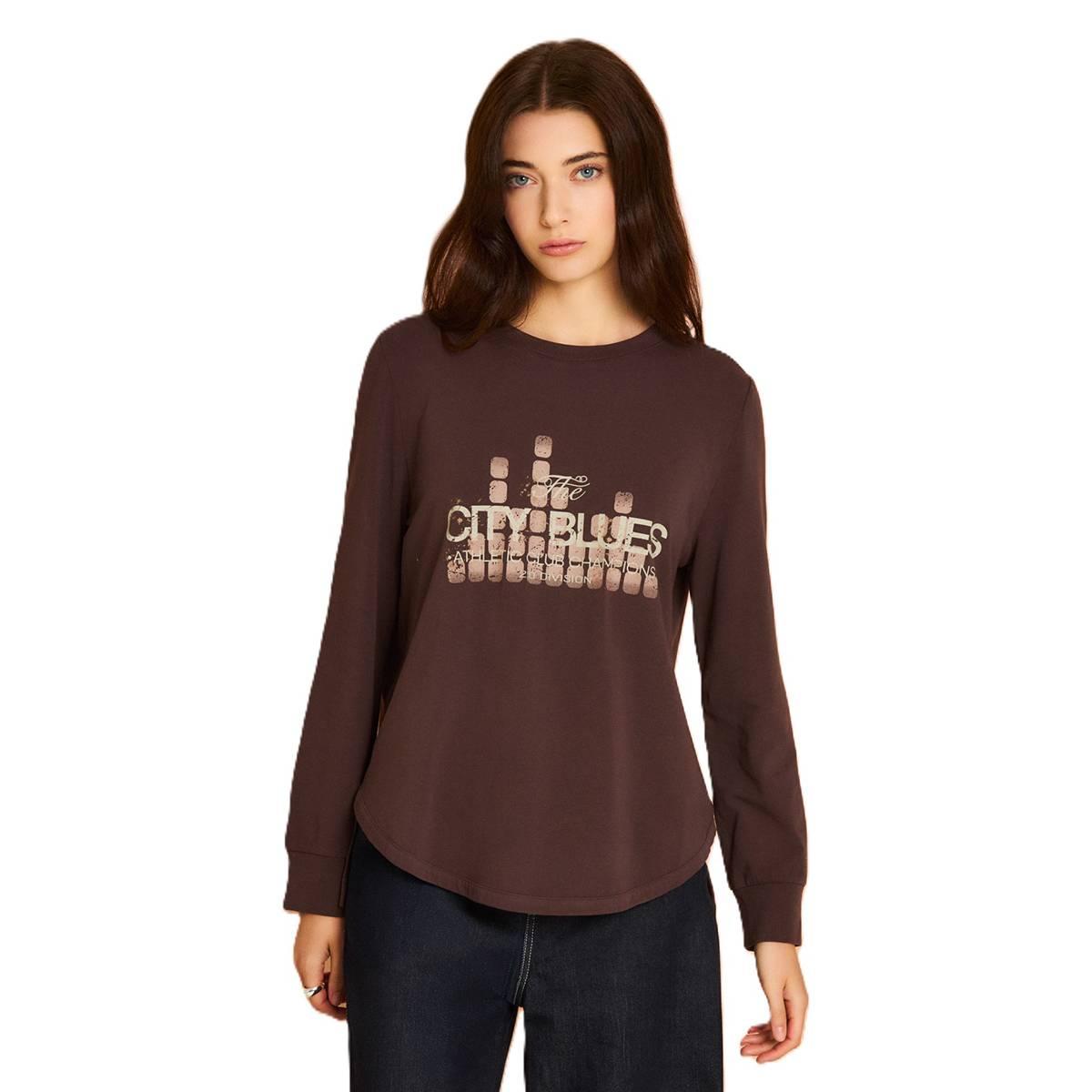 Click here for Womens CITY BLUES Long Sleeve Hem Graphic Tee prices