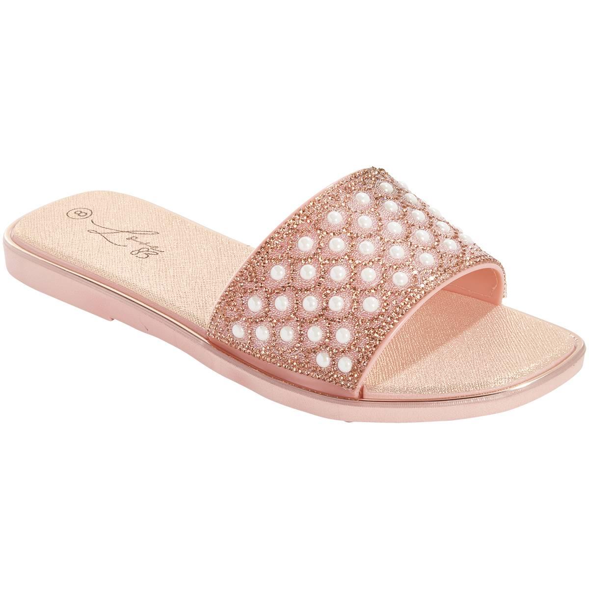 Click here for Womens Love 83 Rhinestone & Pearl Band Slide Sanda... prices