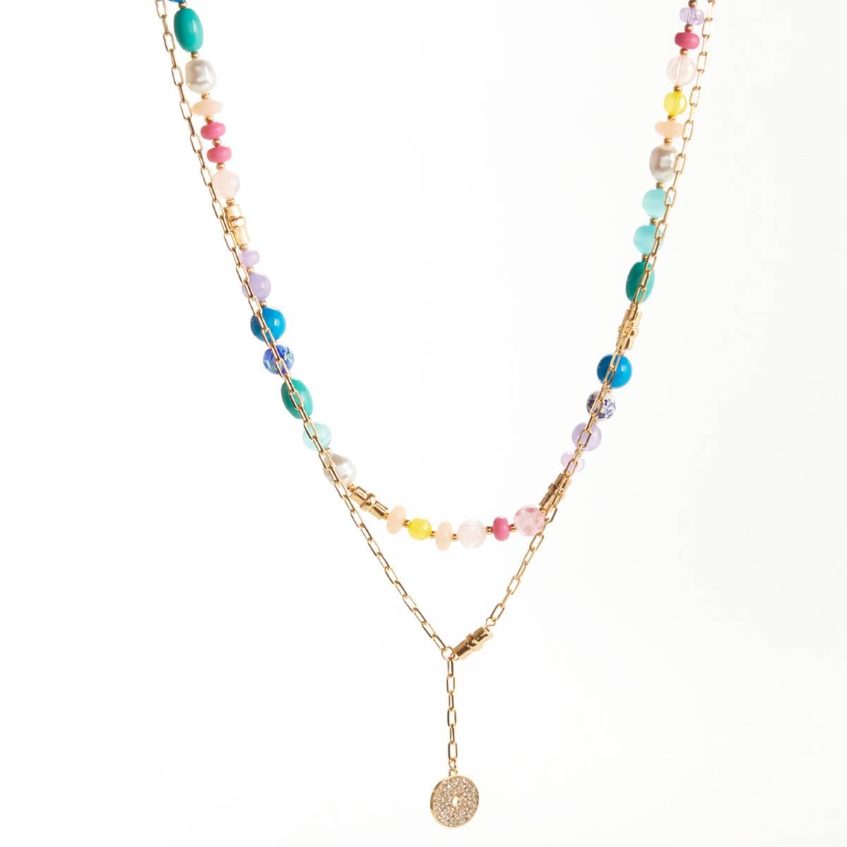 Click here for Ashley Pave Circle Pendant Layered Beaded Necklace prices