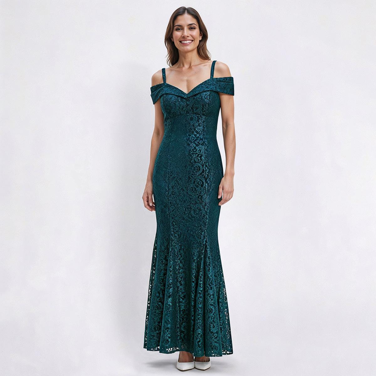 R & M Richards Off-The-Shoulder Petite Lace Gown - Peacock