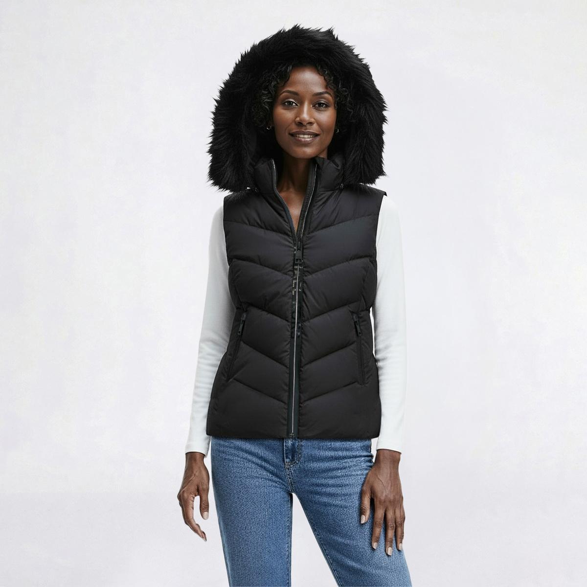 Click here for Womens Michael Kors Puffer Vest w/Faux Fur Hood prices