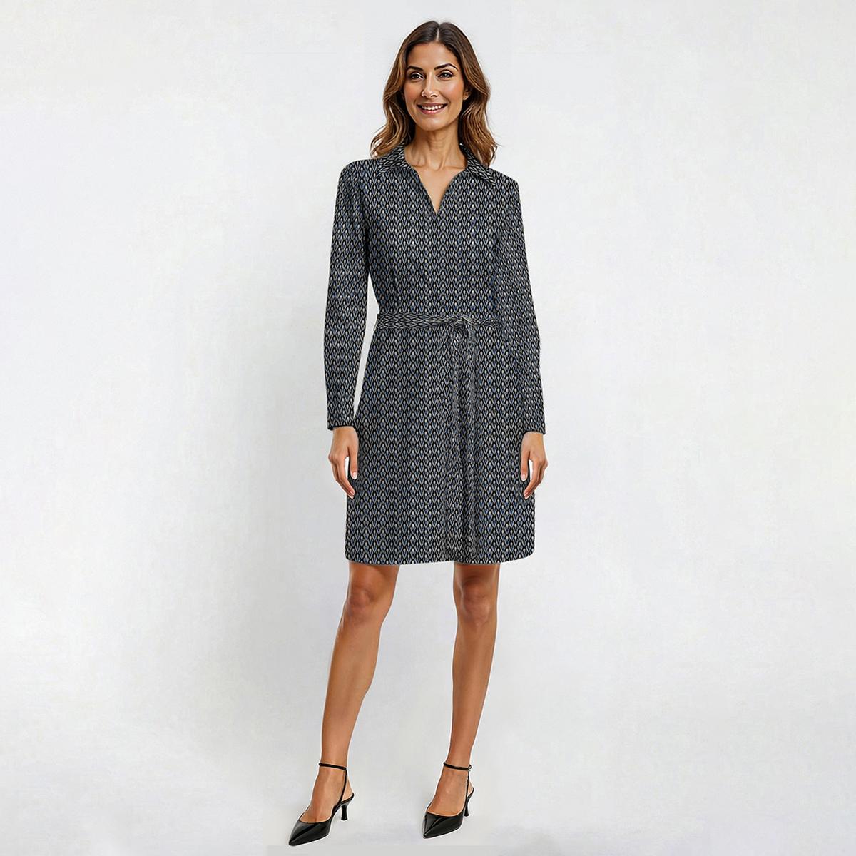 Womens Emma & Michele Long Sleeve Abstract Shirtdress w/ Belt