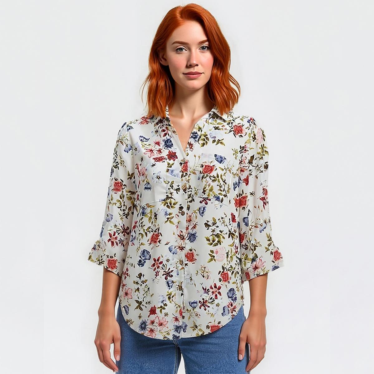 Click here for Juniors A. Byer Floral Button Front Roll Tab Sleev... prices