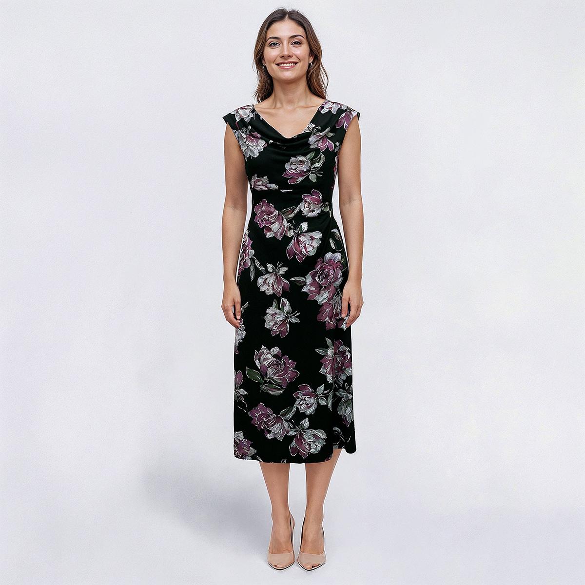 Womens Connected Apparel Sleeveless Floral Drape Neck Midi Dress