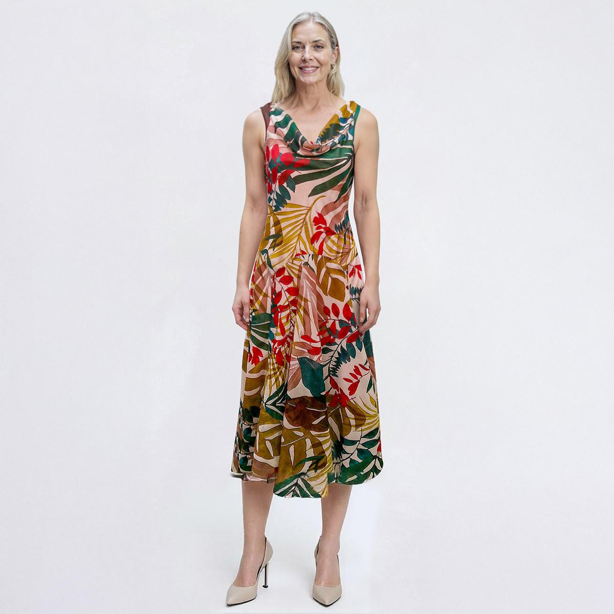 Robbie Bee Womens Printed Draped-Neck Asymmetric Dress - Multi