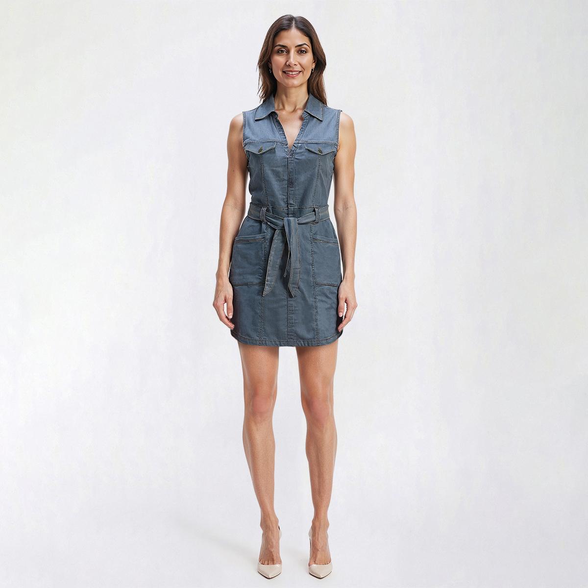 Click here for Womens Bebe Sleeveless Tie Front Denim Sheath Dres... prices