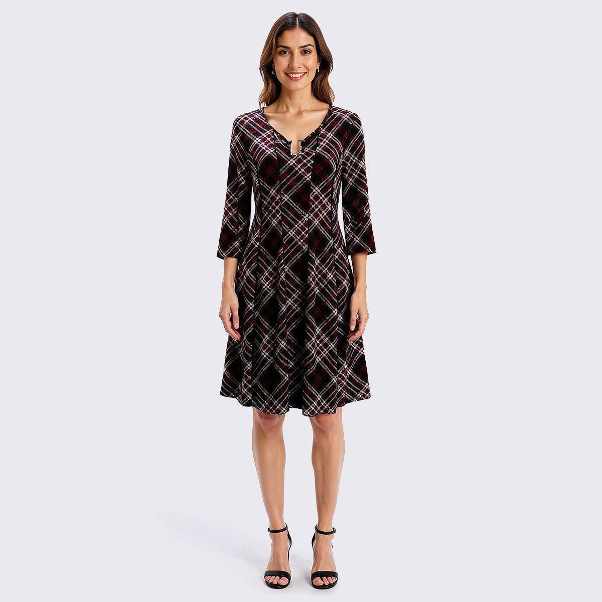 Click here for Womens Sami & Jo 3/4 Sleeve Plaid V-Neck A-Line Dr... prices