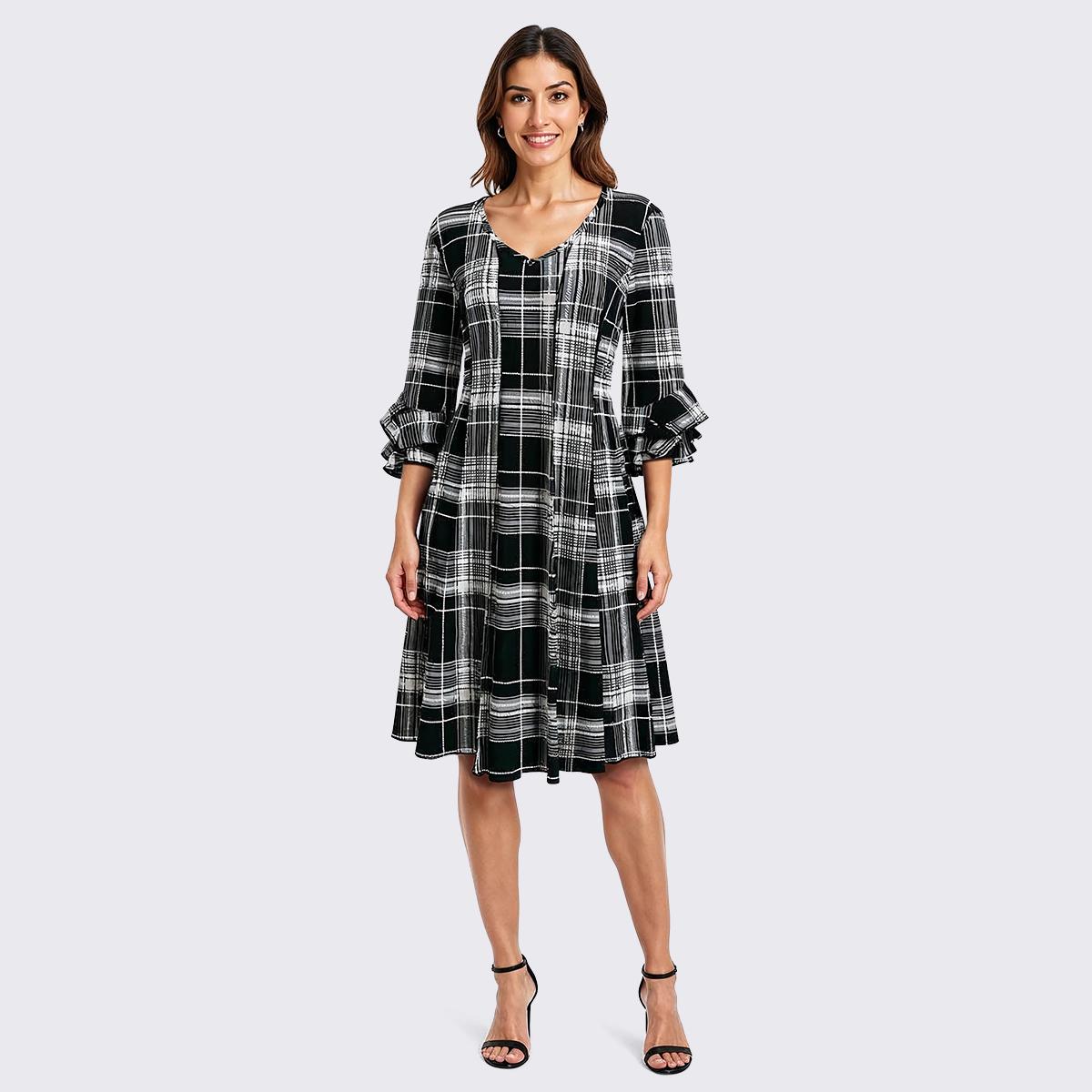 Click here for Womens Sami & Jo 3/4 Ruffle Sleeve Plaid A-Line Dr... prices