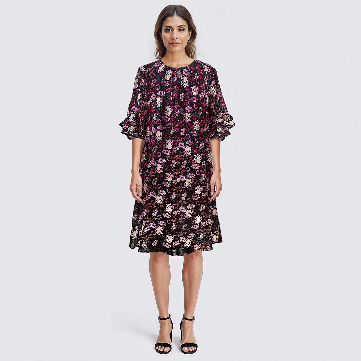 Womens Perceptions Double Ruffle Sleeve Floral Shift Dress