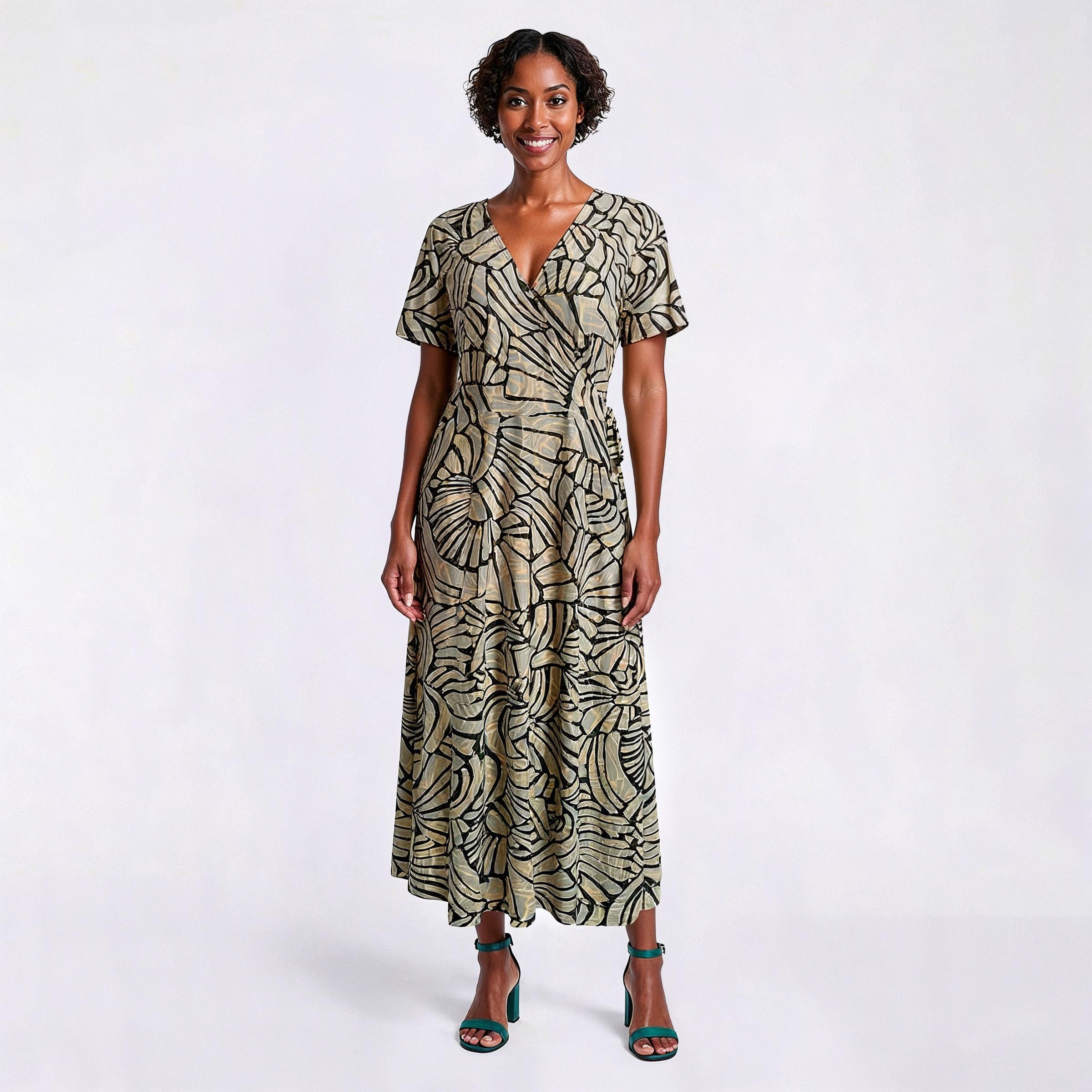 Click here for Womens Violet B Short Sleeve Abstract Wrap Dress prices