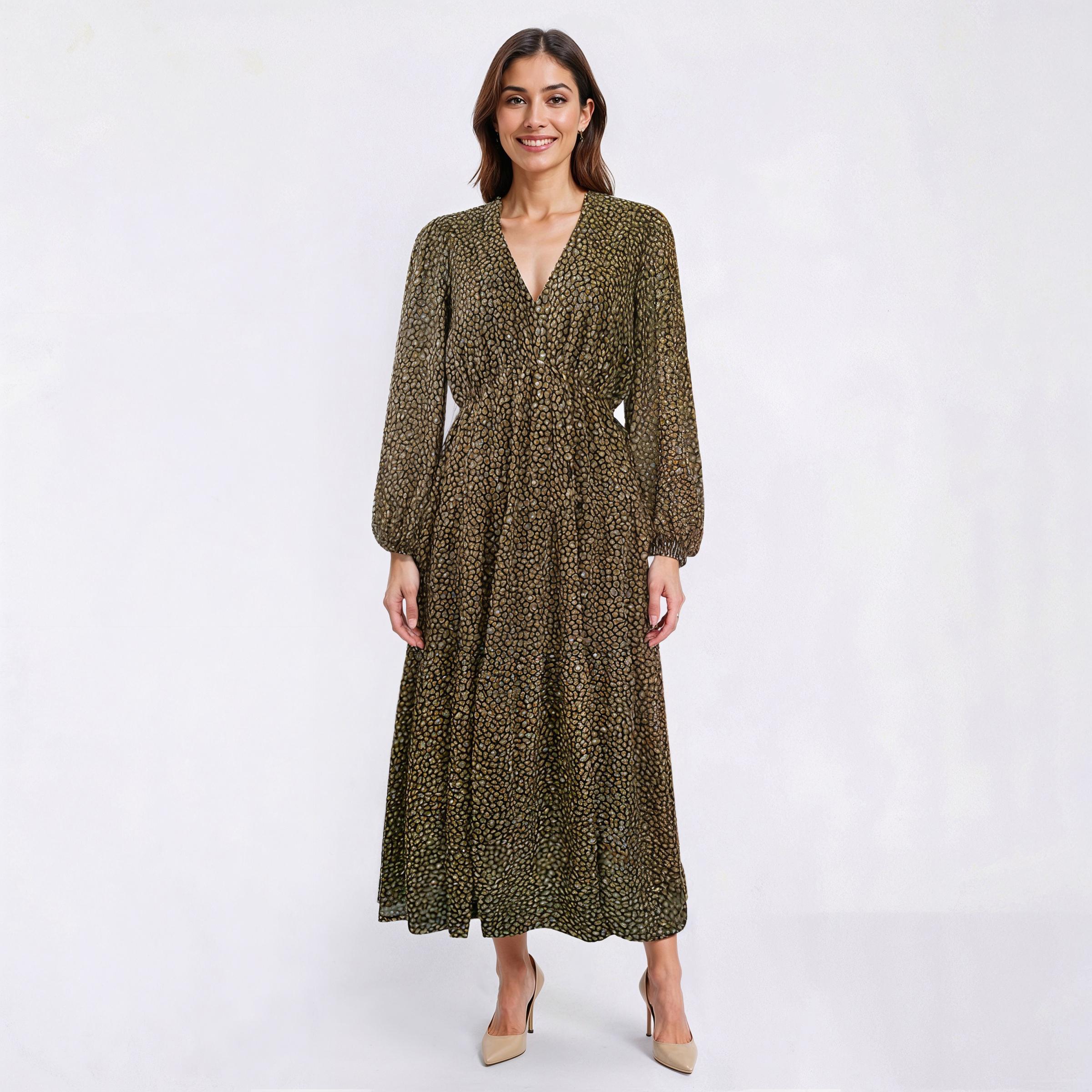 Robbie Bee Womens V-Neck Tiered Maxi Dress - Tan/ Black