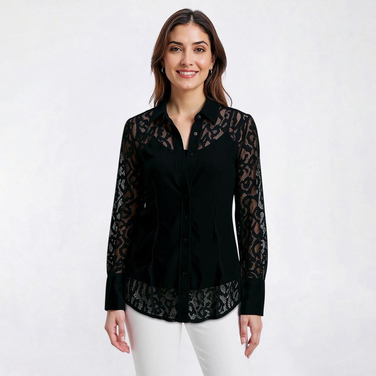Womens Nanette Lepore Long Sleeve Lace Overlay Button Down Blouse
