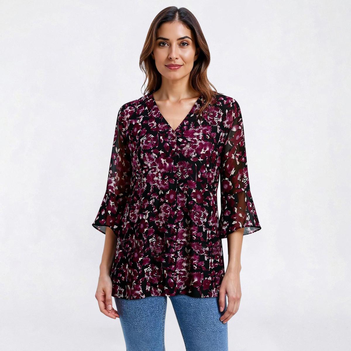 Ak Anne Klein Petite Floral-Print Bell-Sleeve Blouse - Anne Black/Chianti Multi