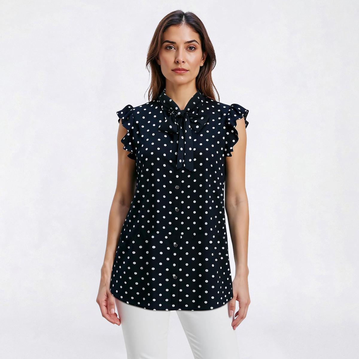 Tommy Hilfiger Womens Ruffle-Sleeve Bow Blouse - Mdnght/ivry