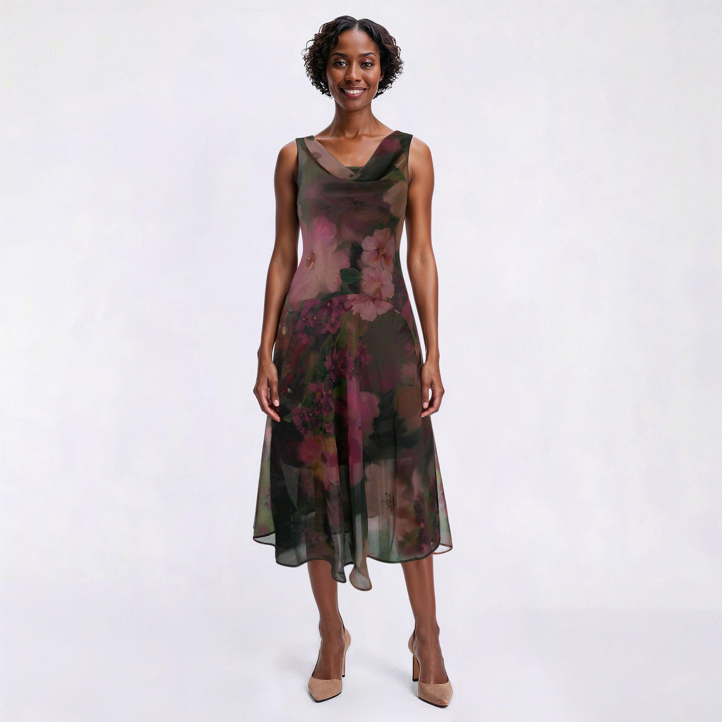 Robbie Bee Petite Printed Cowlneck High-Low Midi Dress - Brown Multi