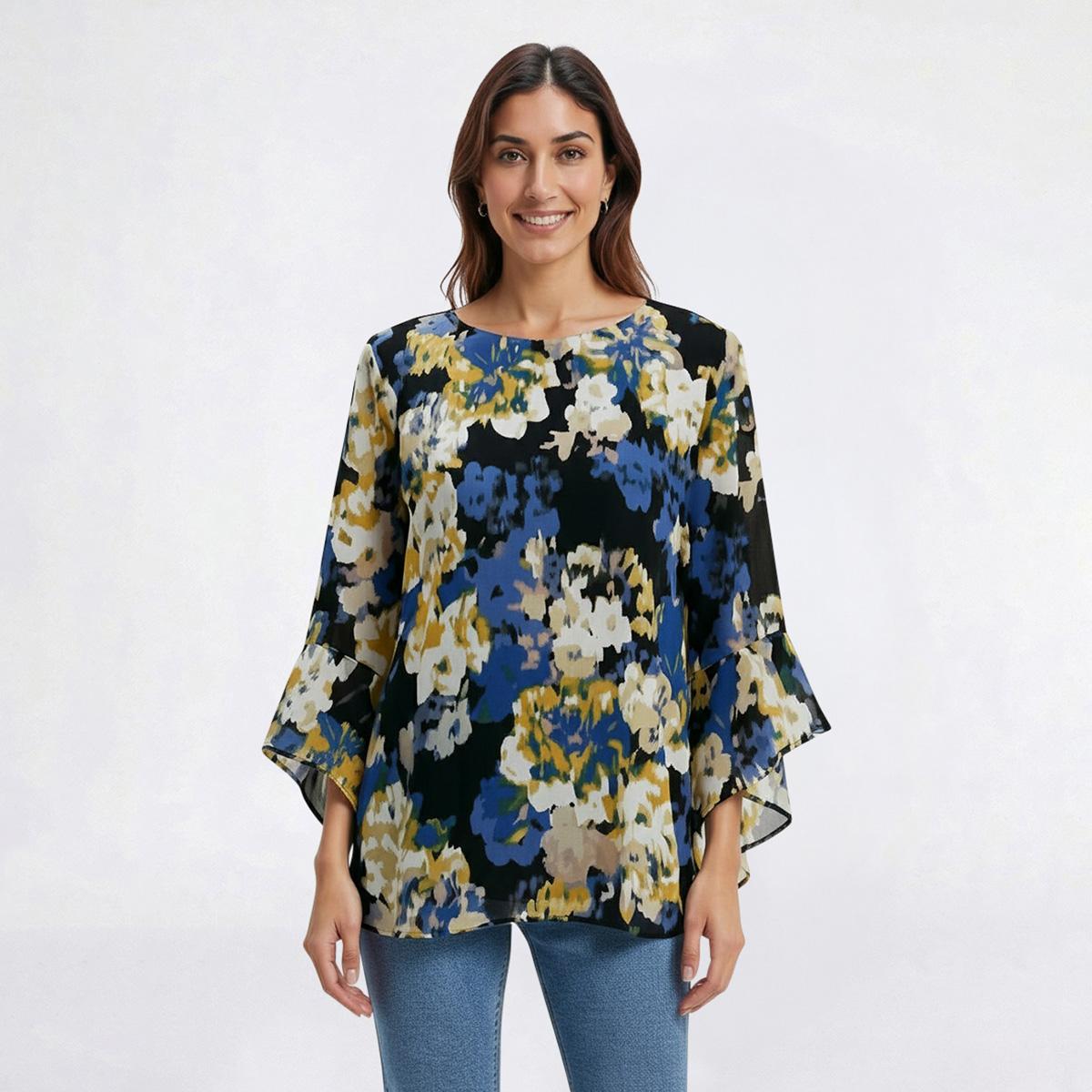 Kasper Plus Size 3/4-Ruffle Sleeve Printed Blouse - Black Multi