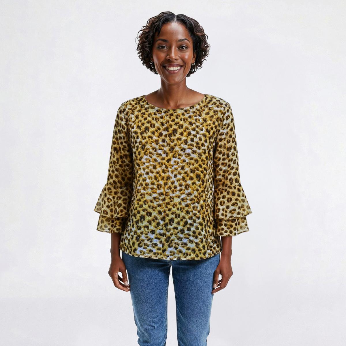 Click here for Womens Kasper 3/4 Tier Bell Ruffle Sleeve Leopard... prices