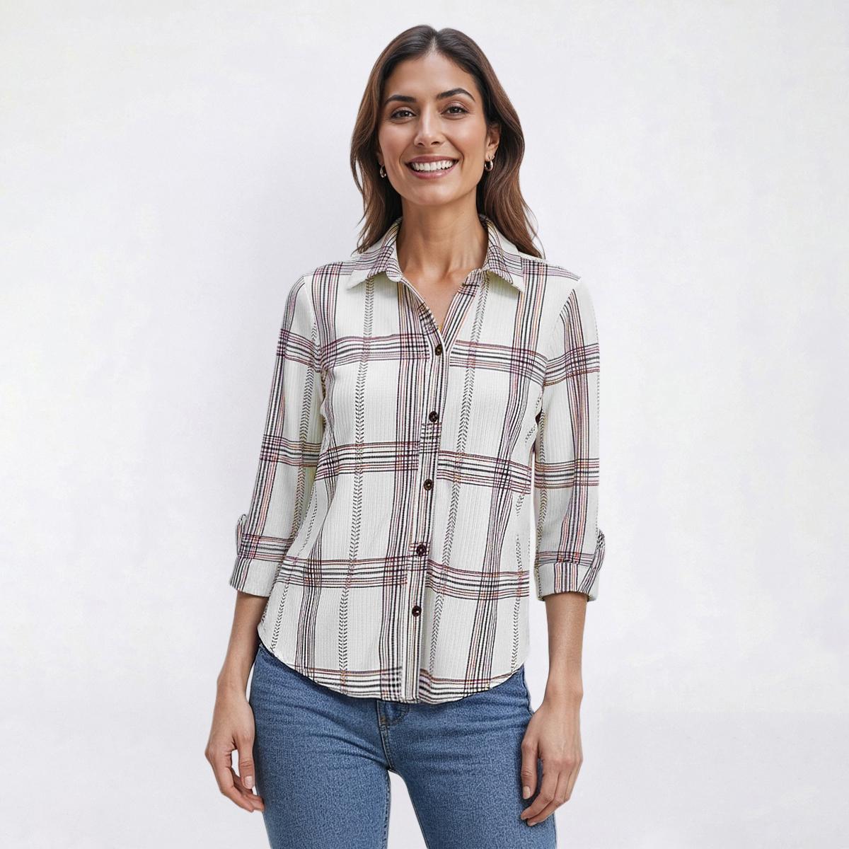 Click here for Womens Cure 3/4 Sleeve Button Front Plaid Blouse -... prices
