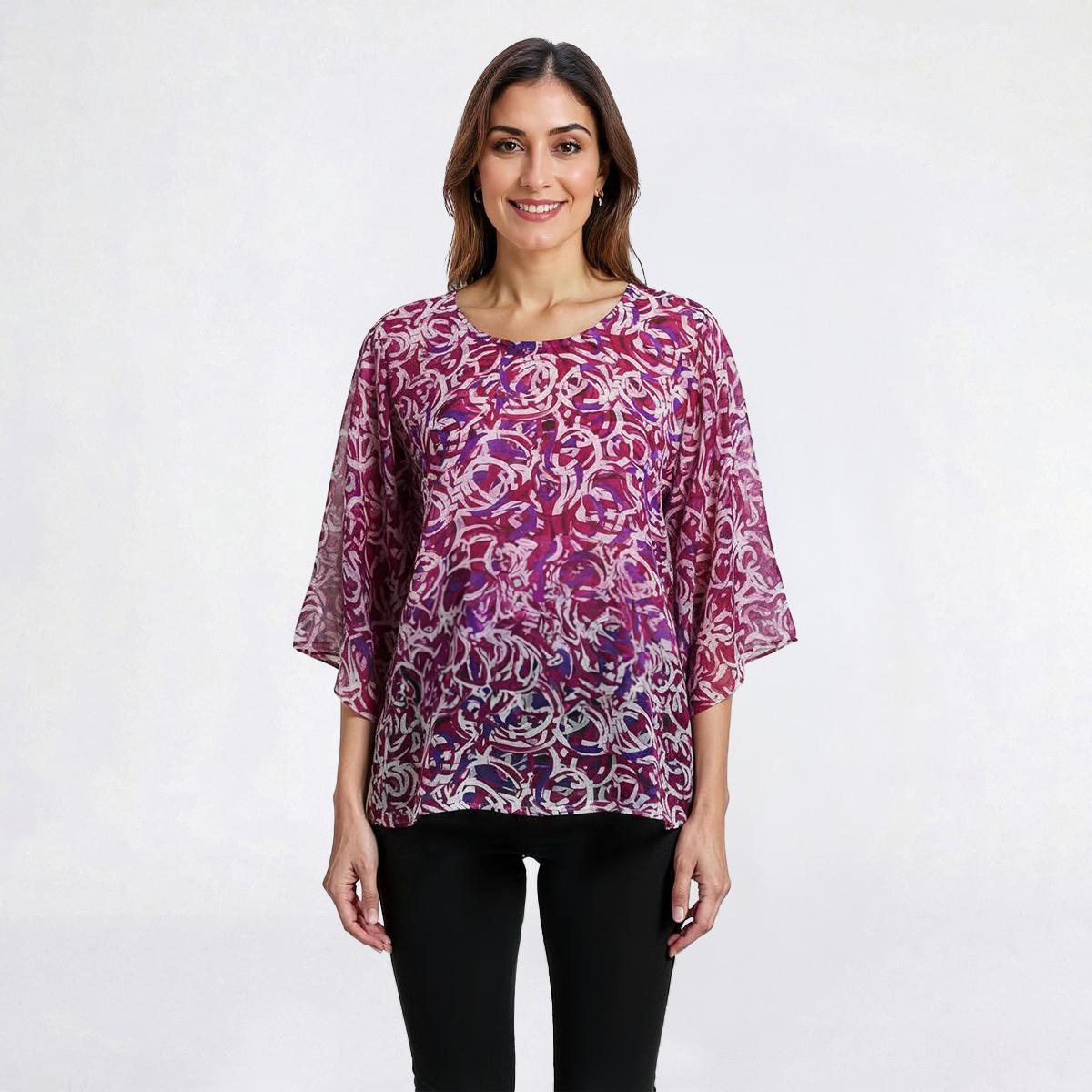 Womens Kasper 3/4 Sheer Flutter Sleeve Abstract Circle Blouse