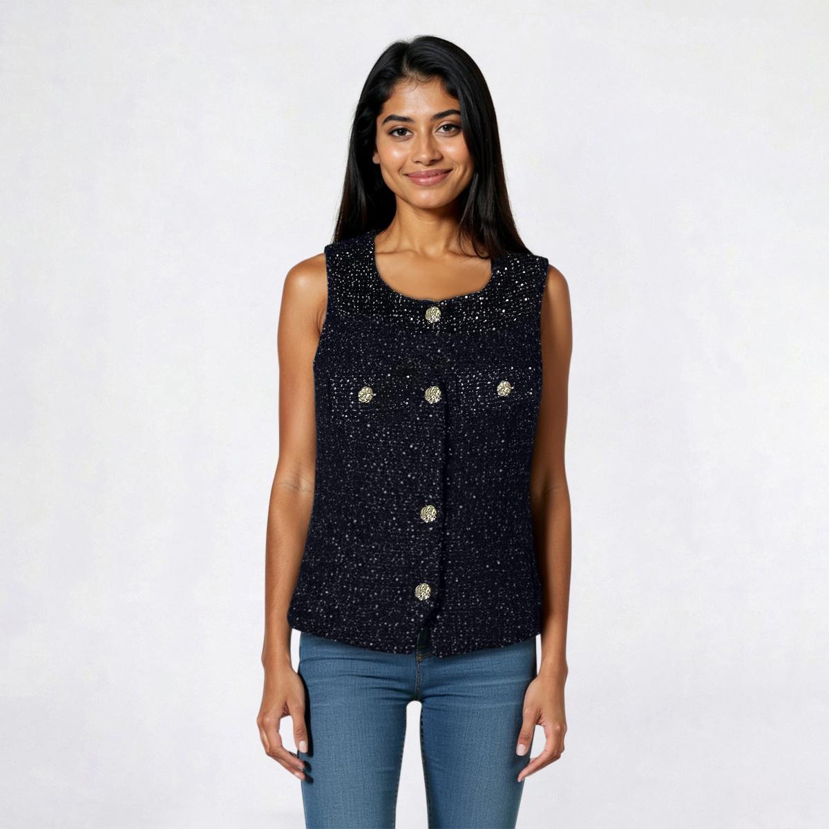 Click here for Juniors Love Tree Tweed Sequin Chanel Vest prices