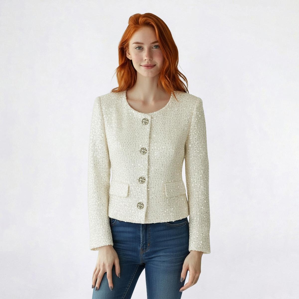 Click here for Juniors Love Tree Tweed Sequin Button Front Jacket prices