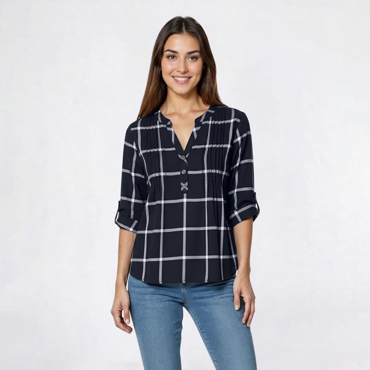 Click here for Womens Notations 3/4 Sleeve Plaid Pleated Henley B... prices