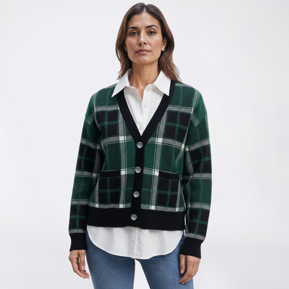 Womens Ninety Clothing Plaid Two in One Button Down Cardigan