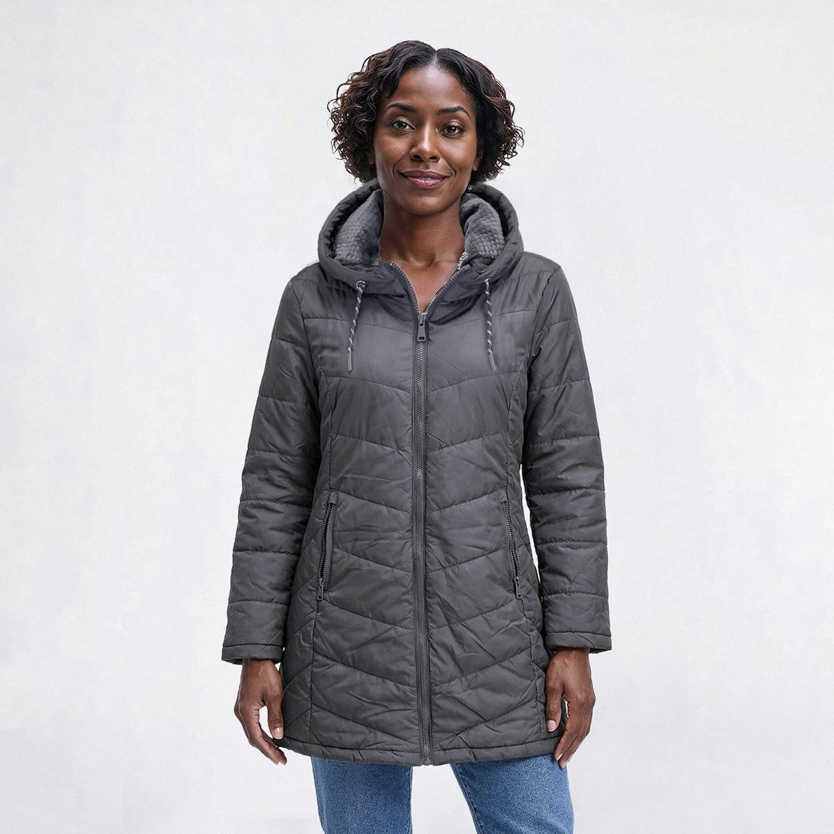 Click here for Womens Sport Axis Long Coat with Faux Fur Hood prices