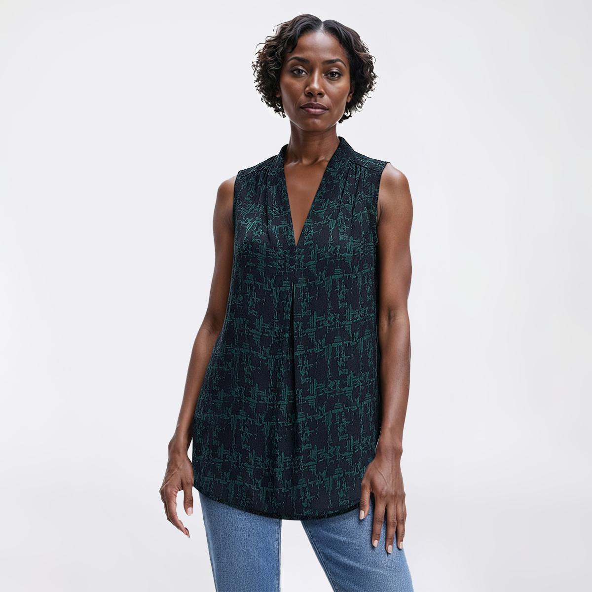 Kasper Abstract-Print Sleeveless V-Neck Top  Regular & Petites - Black/evergreen