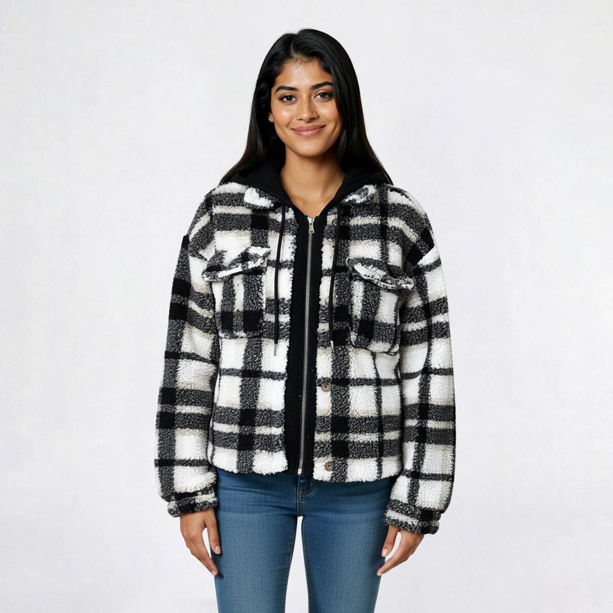 Click here for Juniors Madden Girl Plaid Sherpa Two In One Hoodie... prices