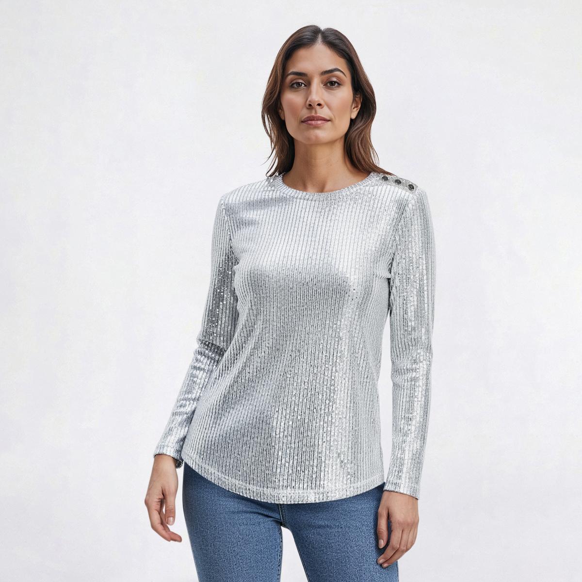 Womens Tommy Hilfiger Long Sleeve Shine Rib Knit Blouse