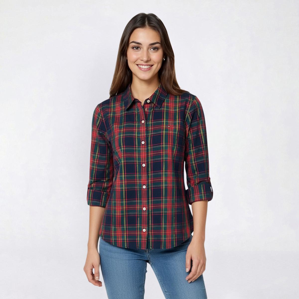 Click here for Womens Tommy Hilfiger Roll Tab Sleeve Plaid Casual... prices