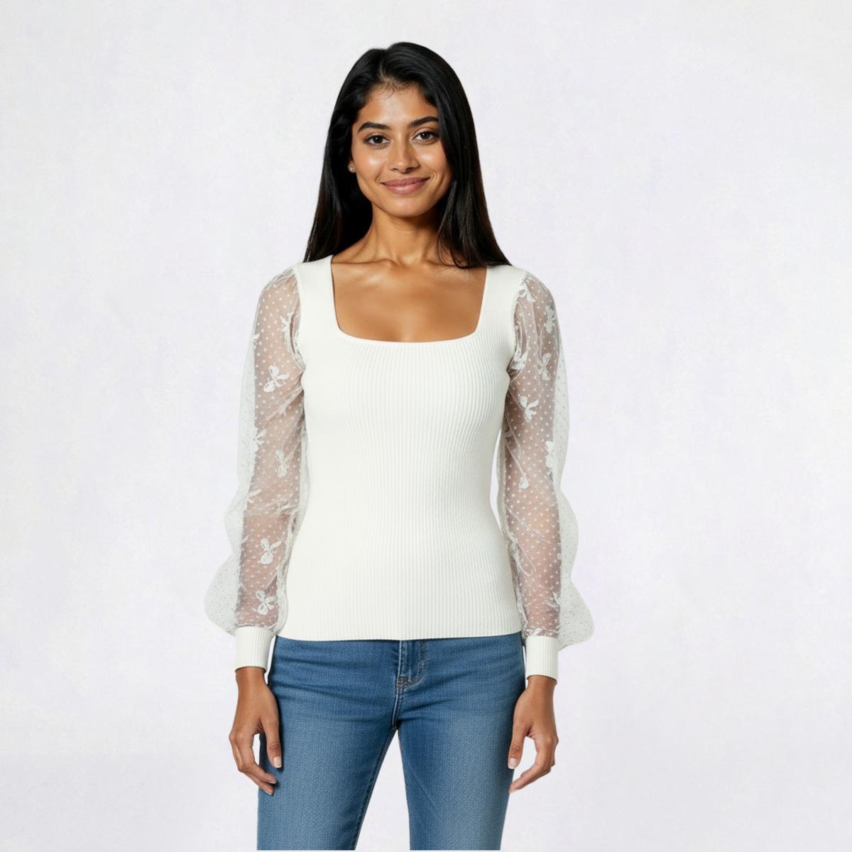 Click here for Junior Madden Girl Bow Mesh Sleeve Square Neck Pul... prices