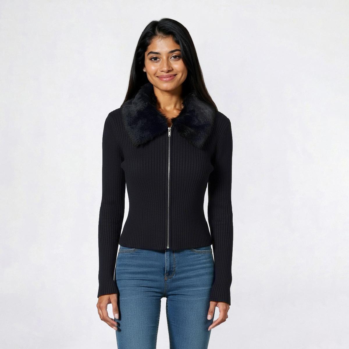 Click here for Juniors Madden Girl Faux Fur Collar Ribbed Zip Up... prices