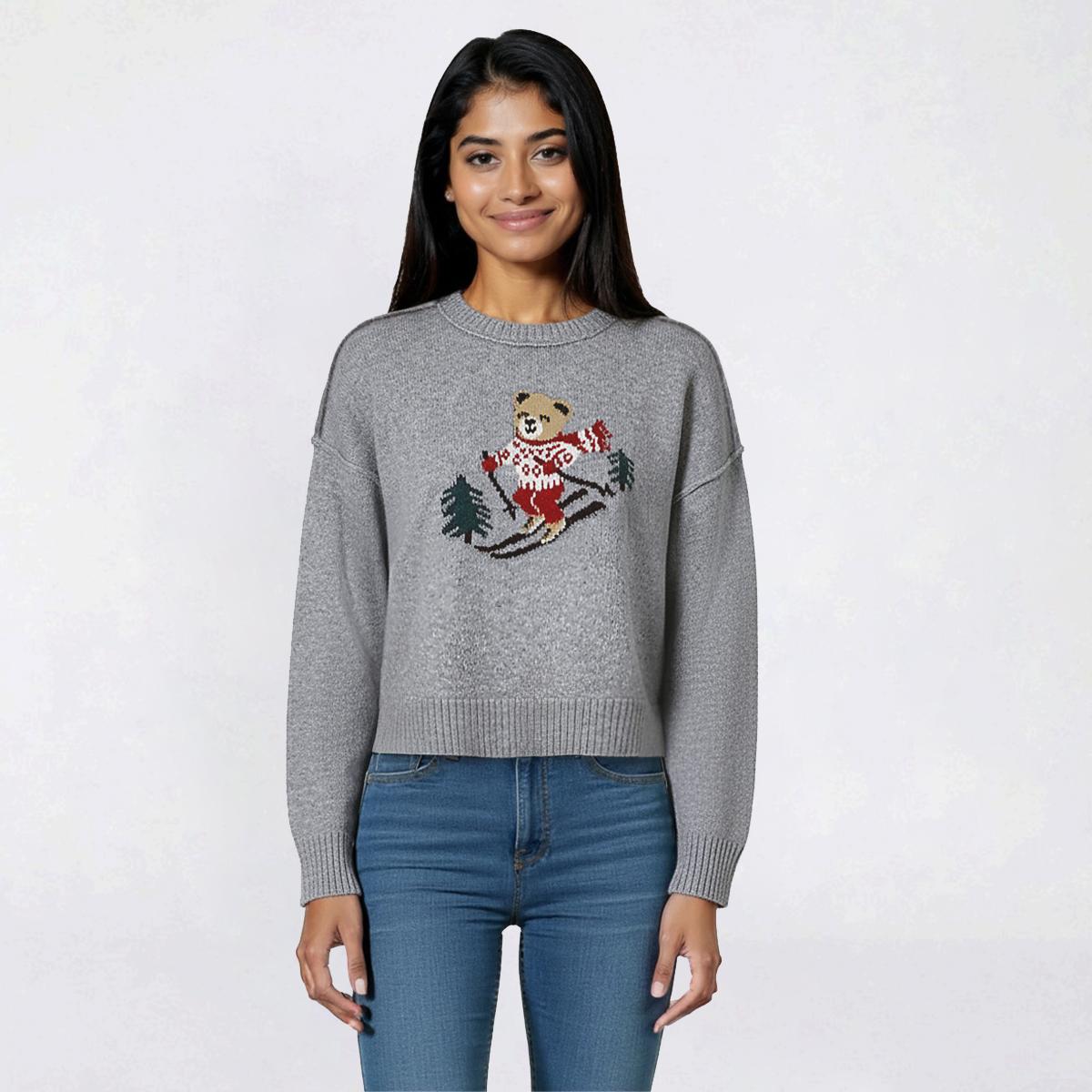 Click here for Juniors Pink Rose Mossy Intarsia Skiing Bear Crew... prices