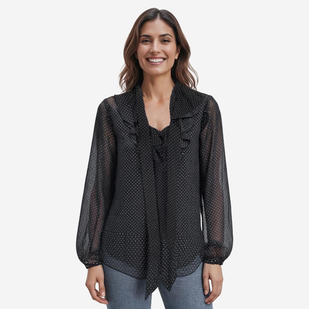 Kasper Plus Size Gold Foil Dot Print Tie-Neck Blouse - Black/Gold