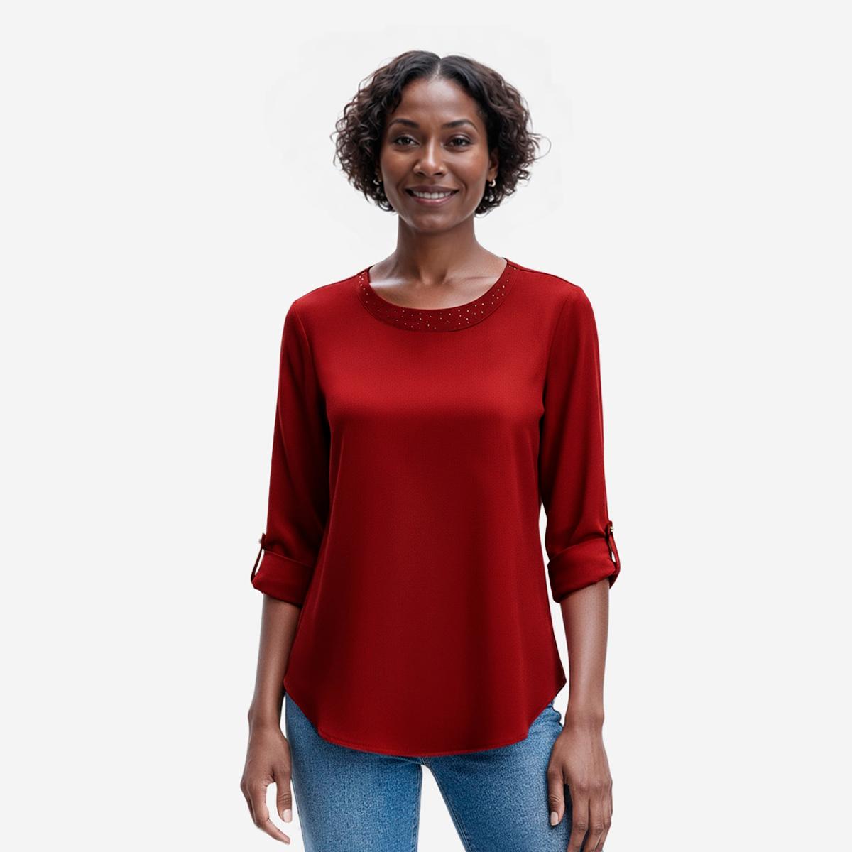 Click here for Womens Anne Klein Roll Tab Sleeve Heatset Embellis... prices