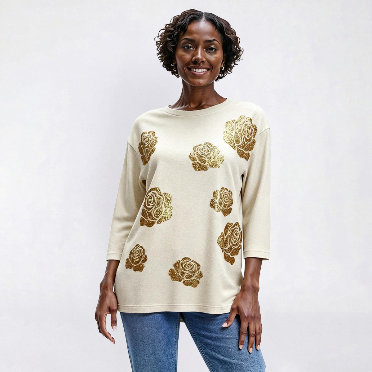 Click here for Petite Emily Daniels 3/4 Sleeve Glitter Poppies Ha... prices